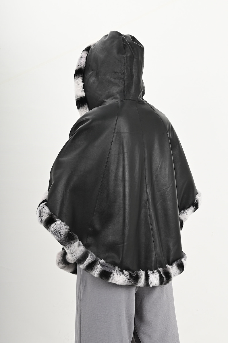 Double-sided Black Leather Cape With Hood Rex Rabbit Fur Trim and Cuffs ...