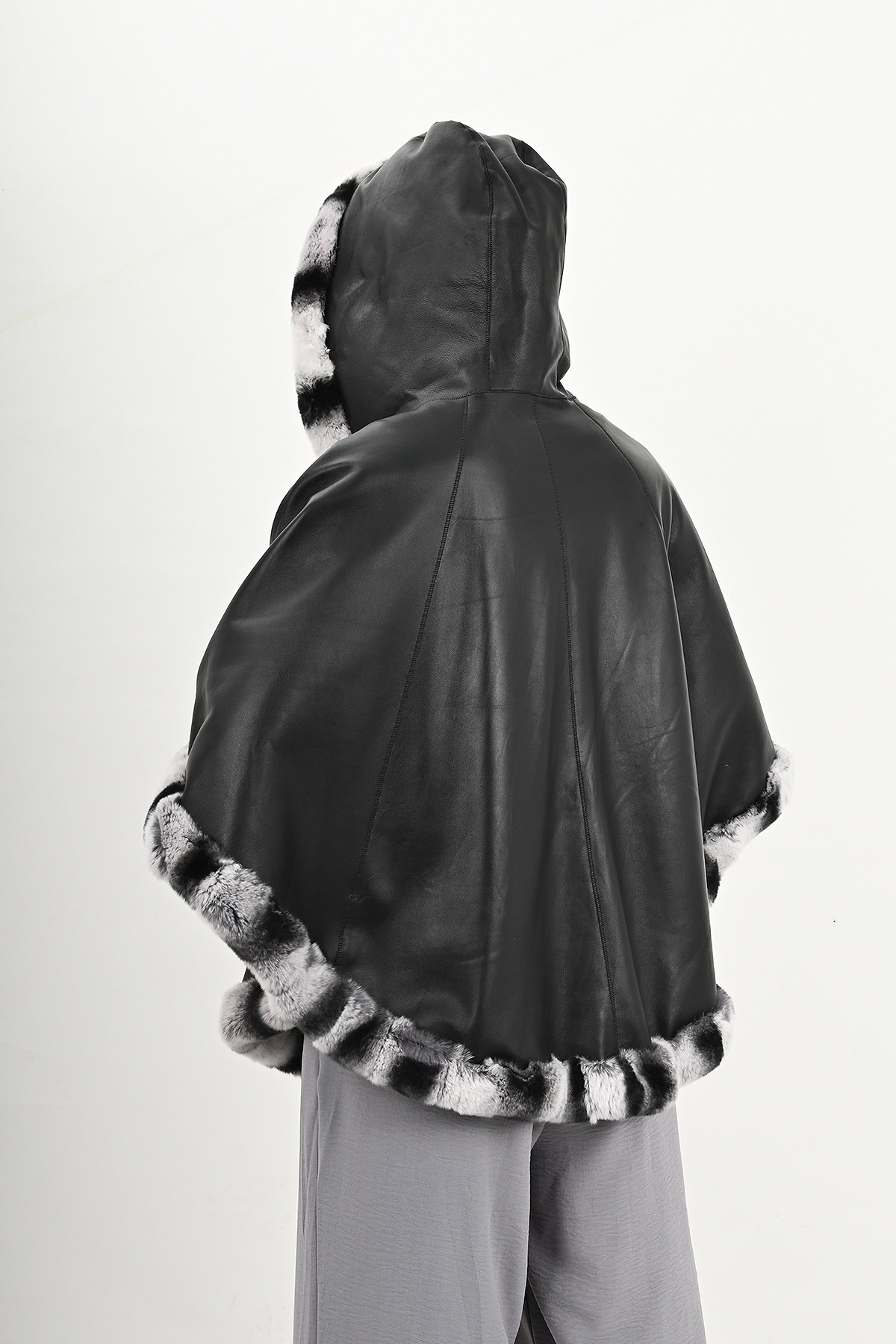 Double-sided Black Leather Cape With Hood Rex Rabbit Fur Trim and Cuffs ...