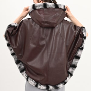 Double-sided Black Leather Cape With Hood Rex Rabbit Fur Trim and Cuffs ...