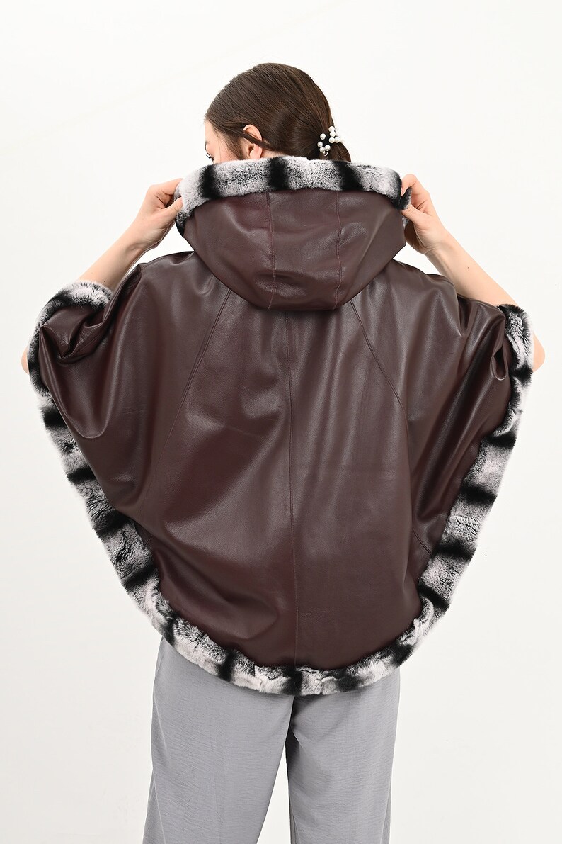 Double-sided Black Leather Cape With Hood Rex Rabbit Fur Trim and Cuffs ...