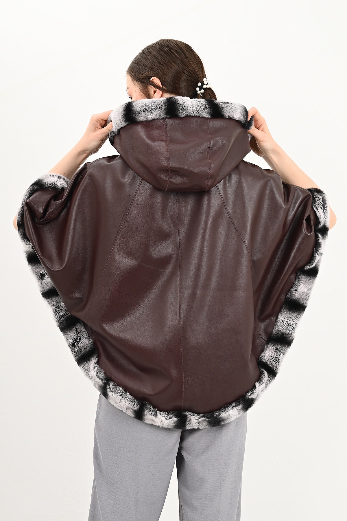 Double-sided Black Leather Cape With Hood Rex Rabbit Fur Trim and Cuffs ...