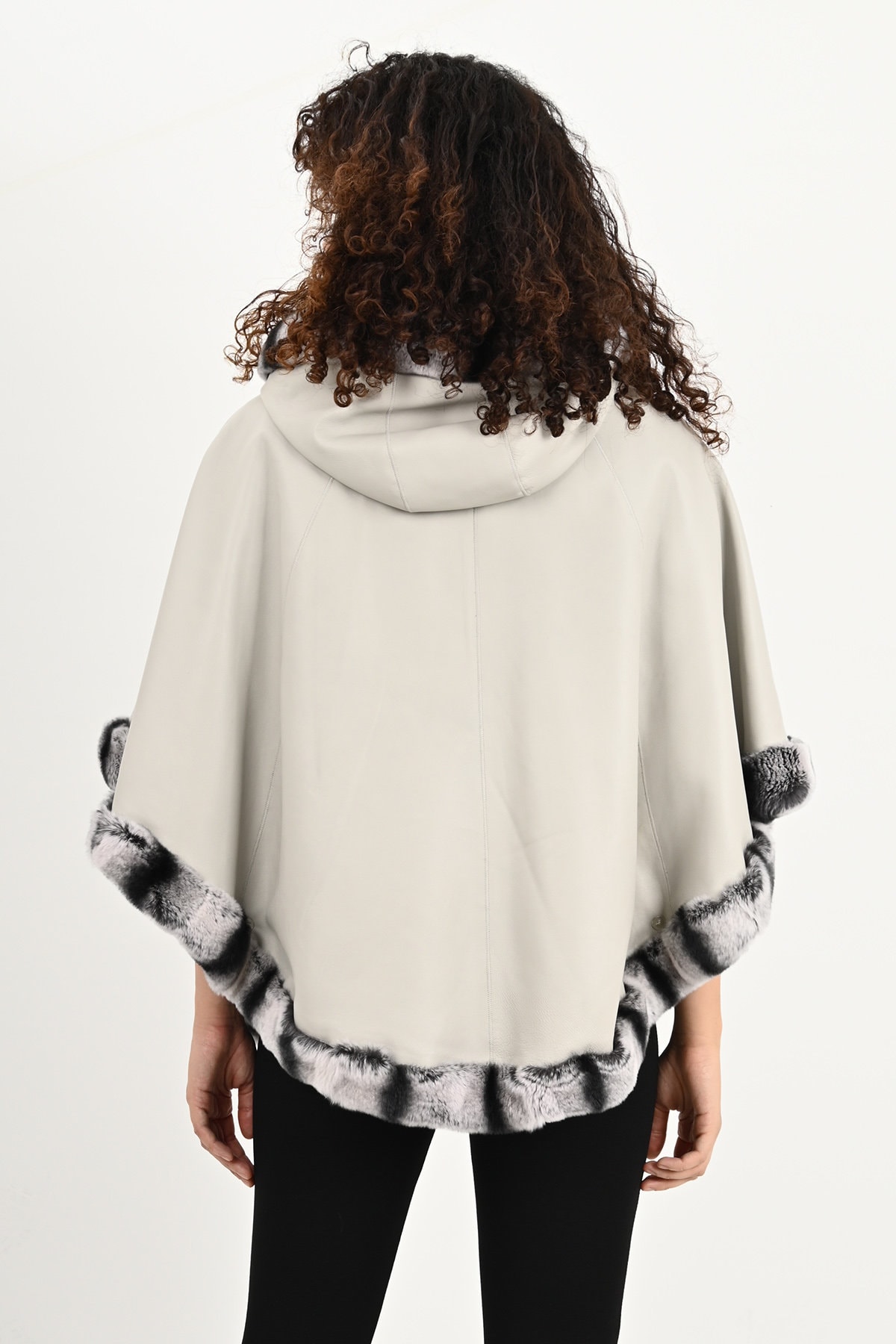 Double-sided Black Leather Cape With Hood Rex Rabbit Fur Trim and Cuffs ...