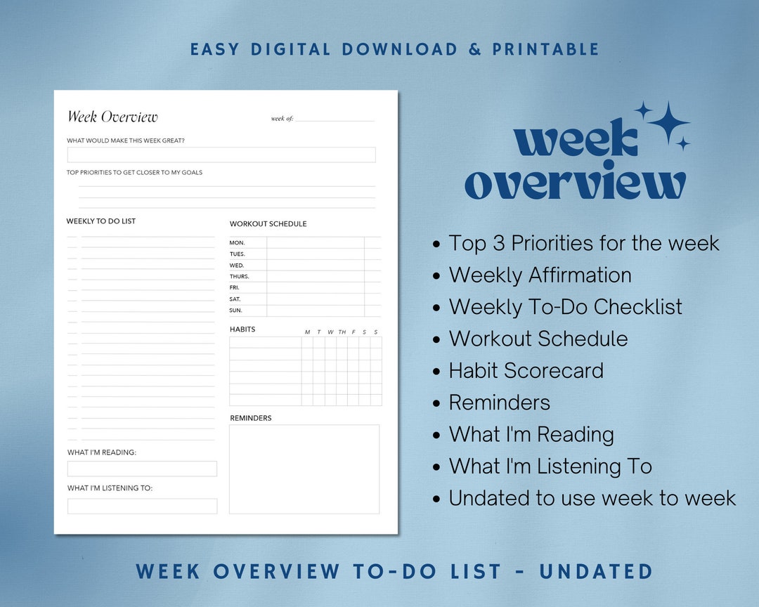 Week Overview Digital Planner Printable, Weekly Planner To-do List ...