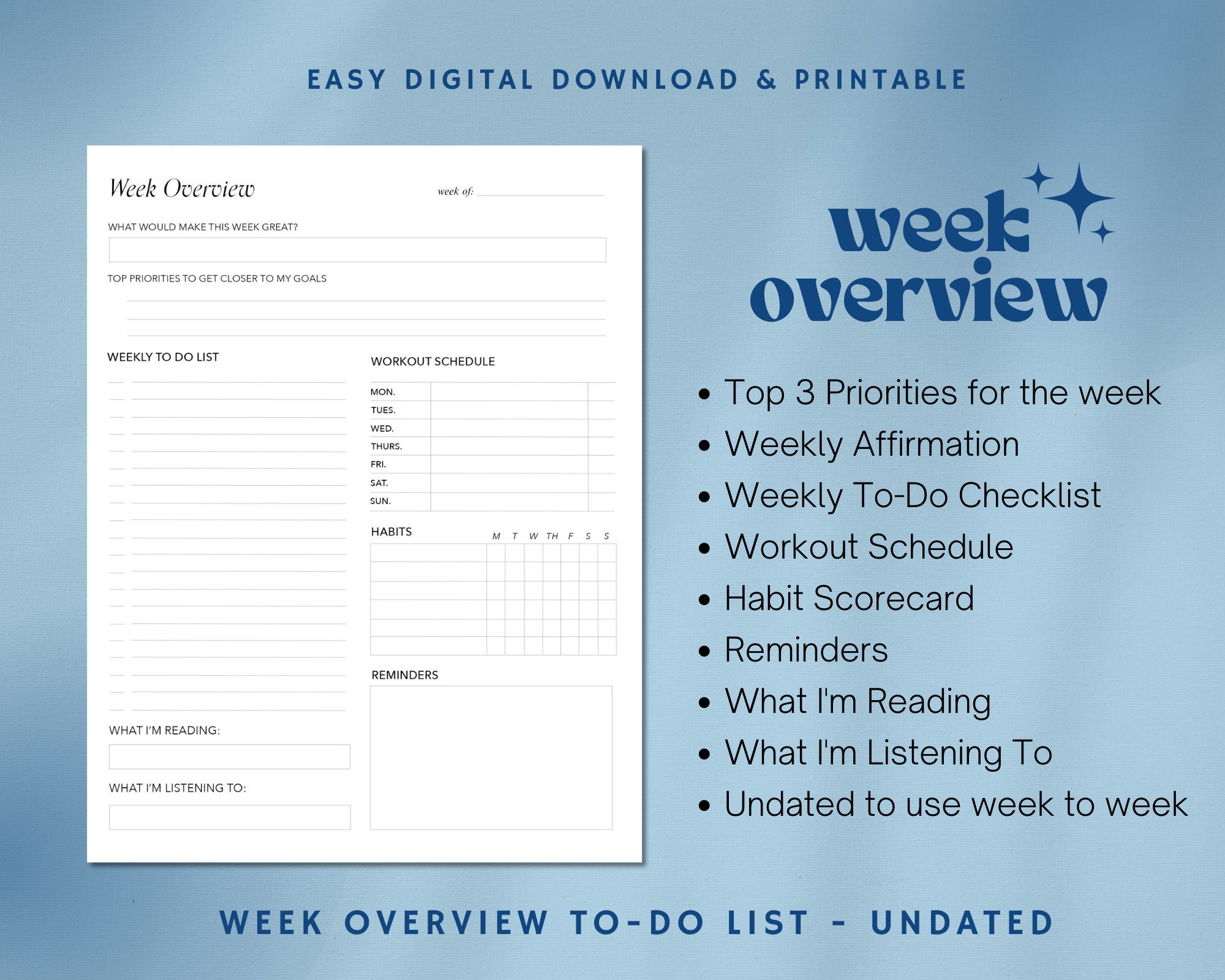 Week Overview Digital Planner Printable, Weekly Planner To-do List ...