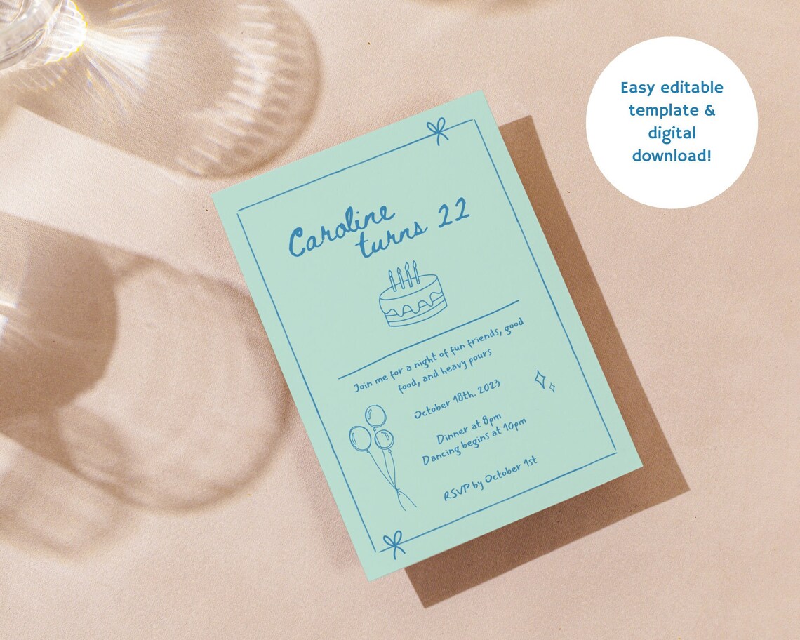Trendy Birthday Invitation, Front & Back, Editable Template, Digital ...