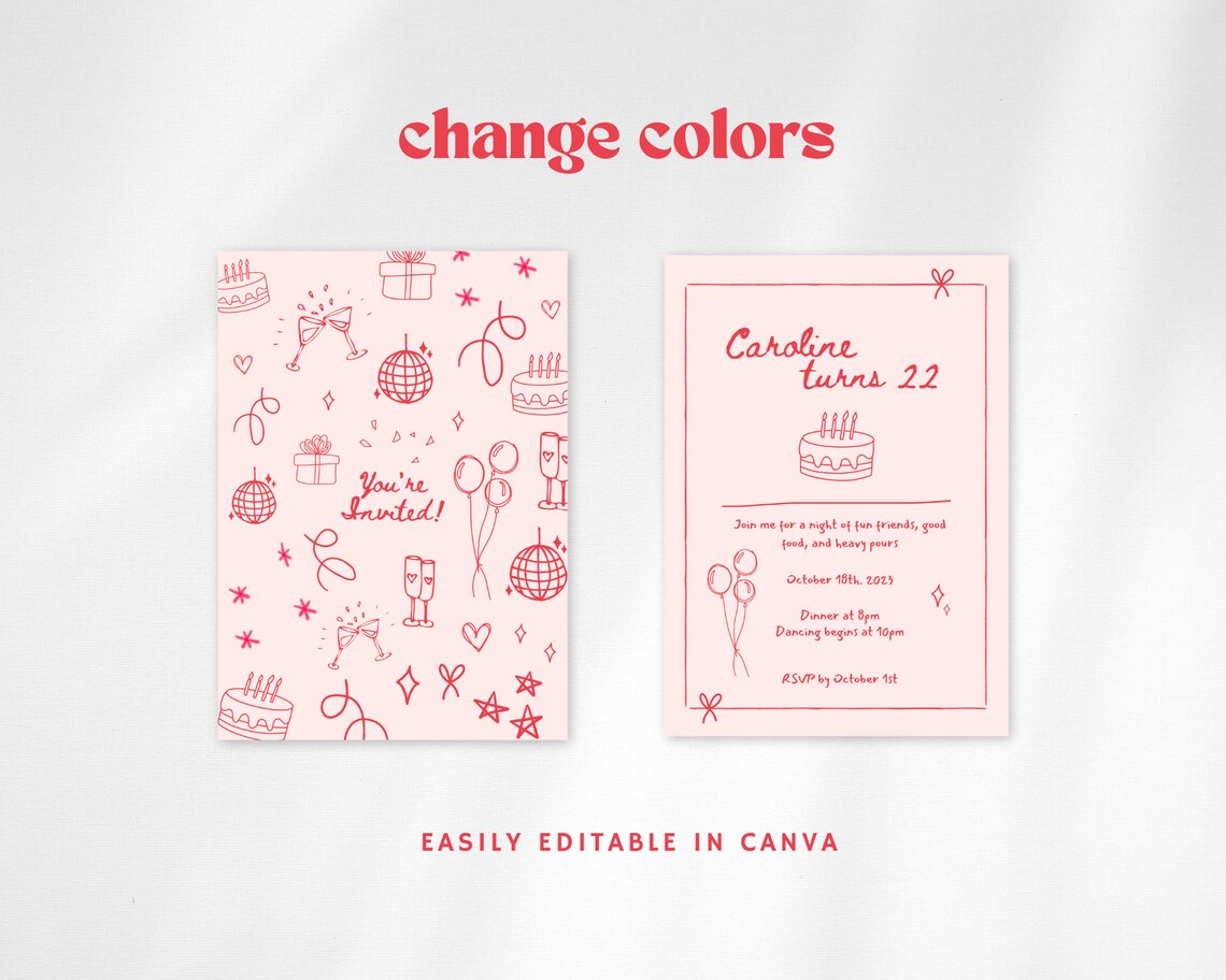 Trendy Birthday Invitation, Front & Back, Editable Template, Digital ...