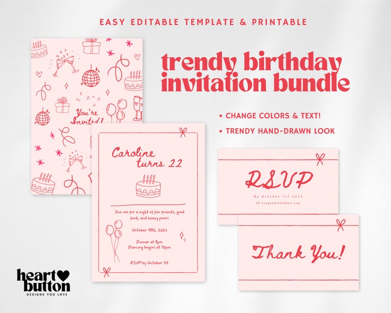 Trendy Adult Birthday Invitation Bundle - Editable Templates, Front ...