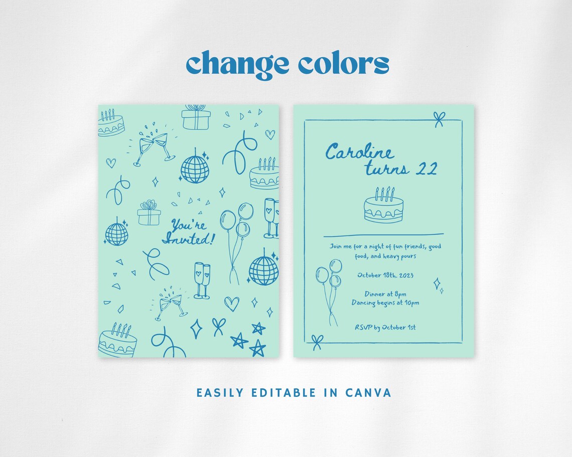 Trendy Birthday Invitation, Front & Back, Editable Template, Digital ...