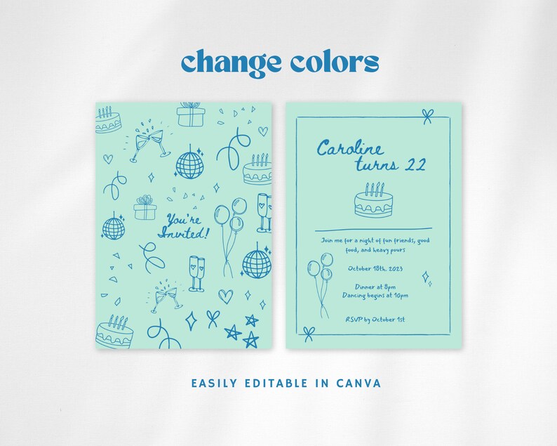 Trendy Birthday Invitation, Front & Back, Editable Template, Digital ...