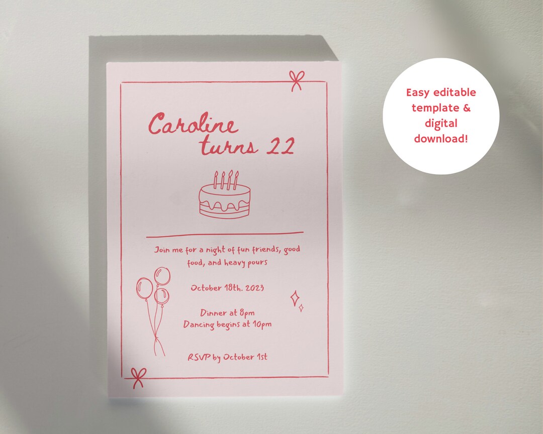 Trendy Birthday Invitation, Front & Back, Editable Template, Digital ...