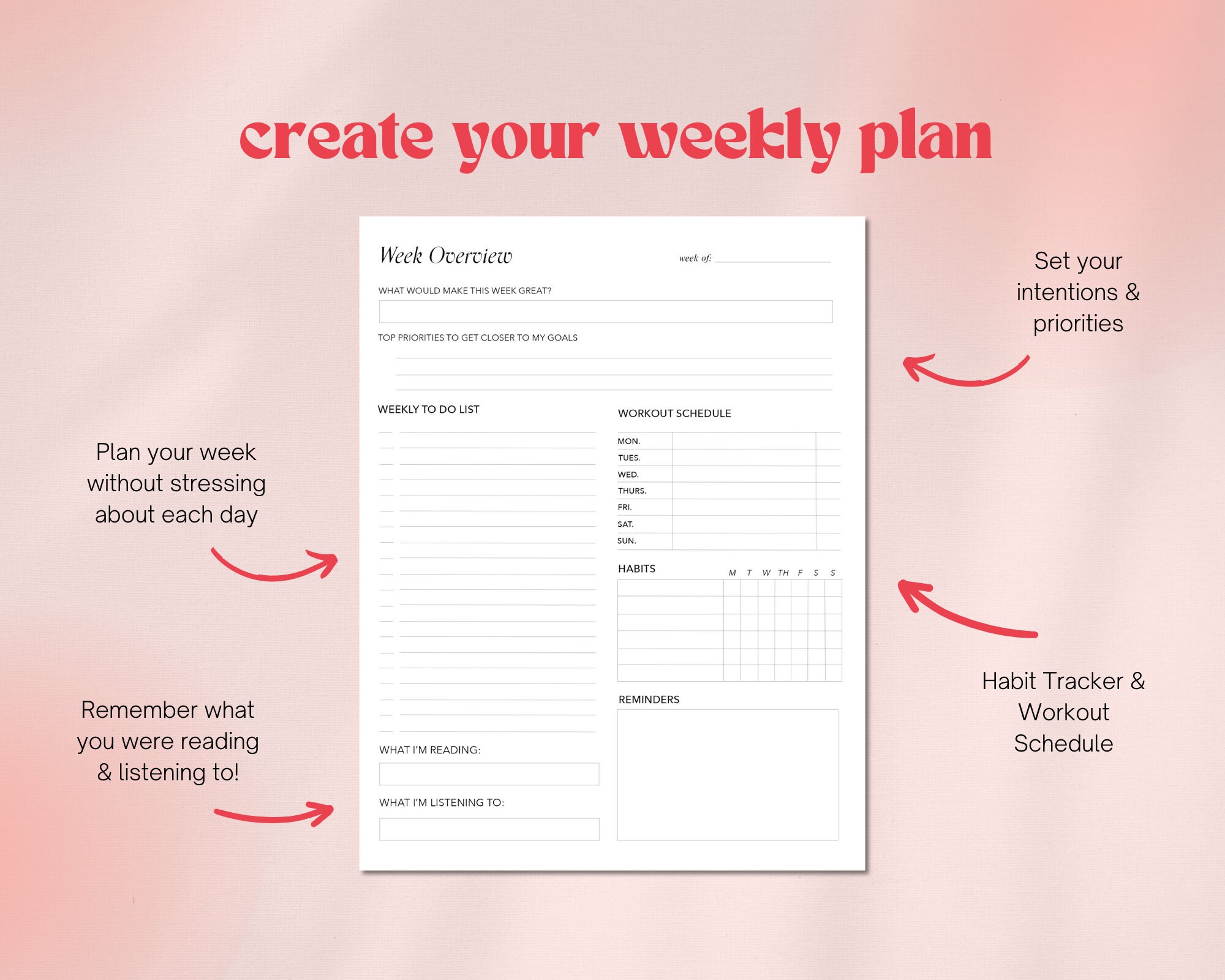 Week Overview Digital Planner Printable, Weekly Planner To-do List ...