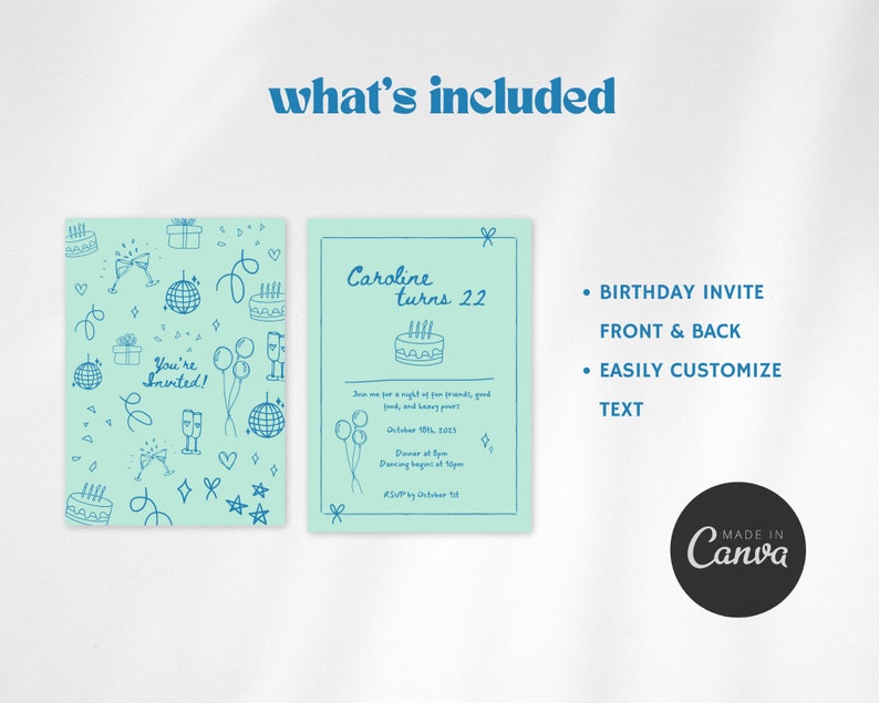 Trendy Birthday Invitation, Front & Back, Editable Template, Digital ...