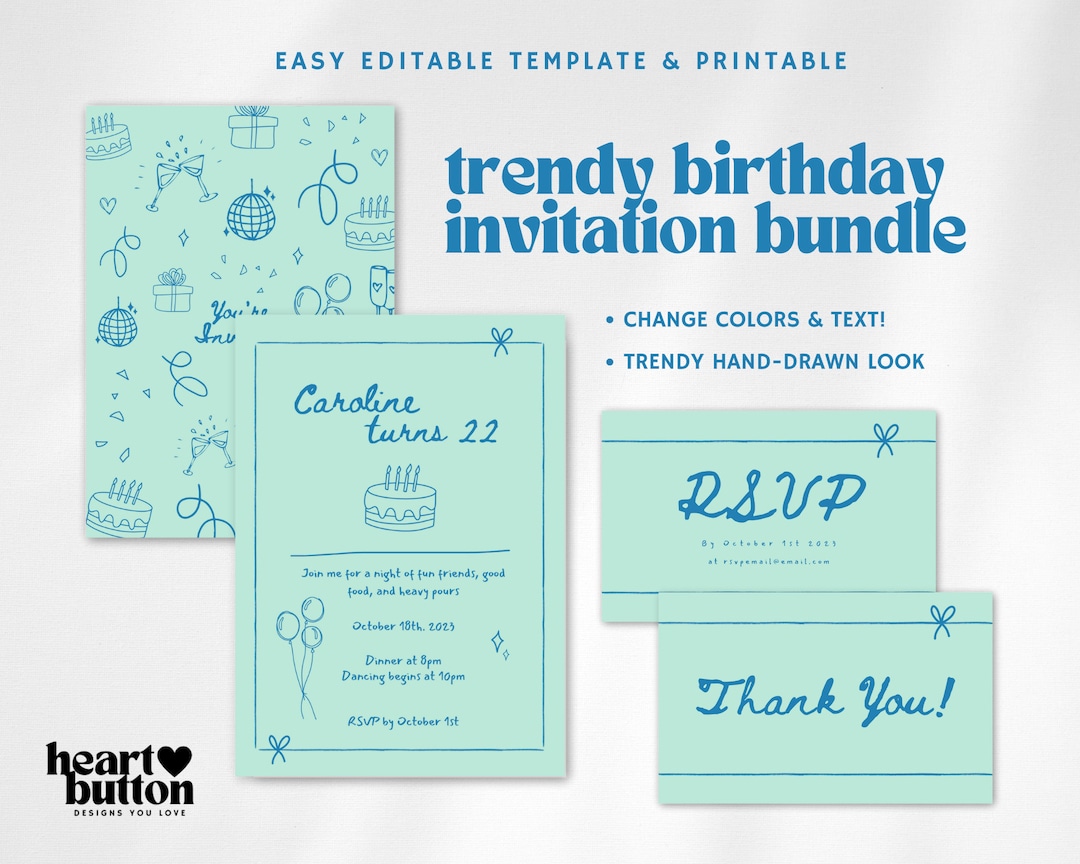 Birthday Invitation Bundle, Front & Back, RSVP Card and Thank You Card ...