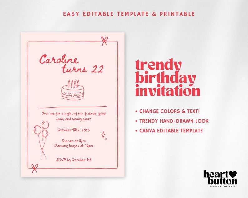Trendy Birthday Invitation, Front & Back, Editable Template, Digital ...