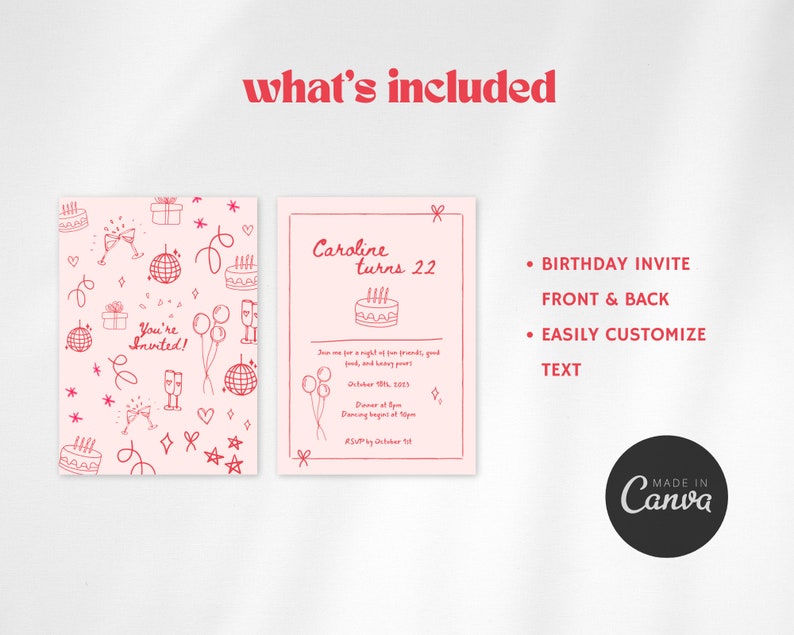 Trendy Birthday Invitation, Front & Back, Editable Template, Digital ...