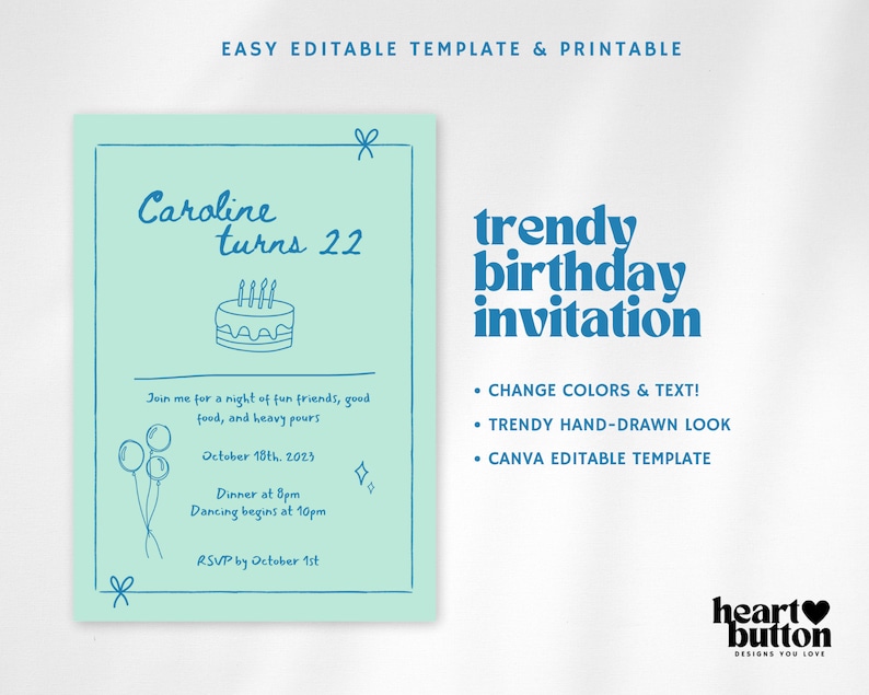 Trendy Birthday Invitation, Front & Back, Editable Template, Digital ...