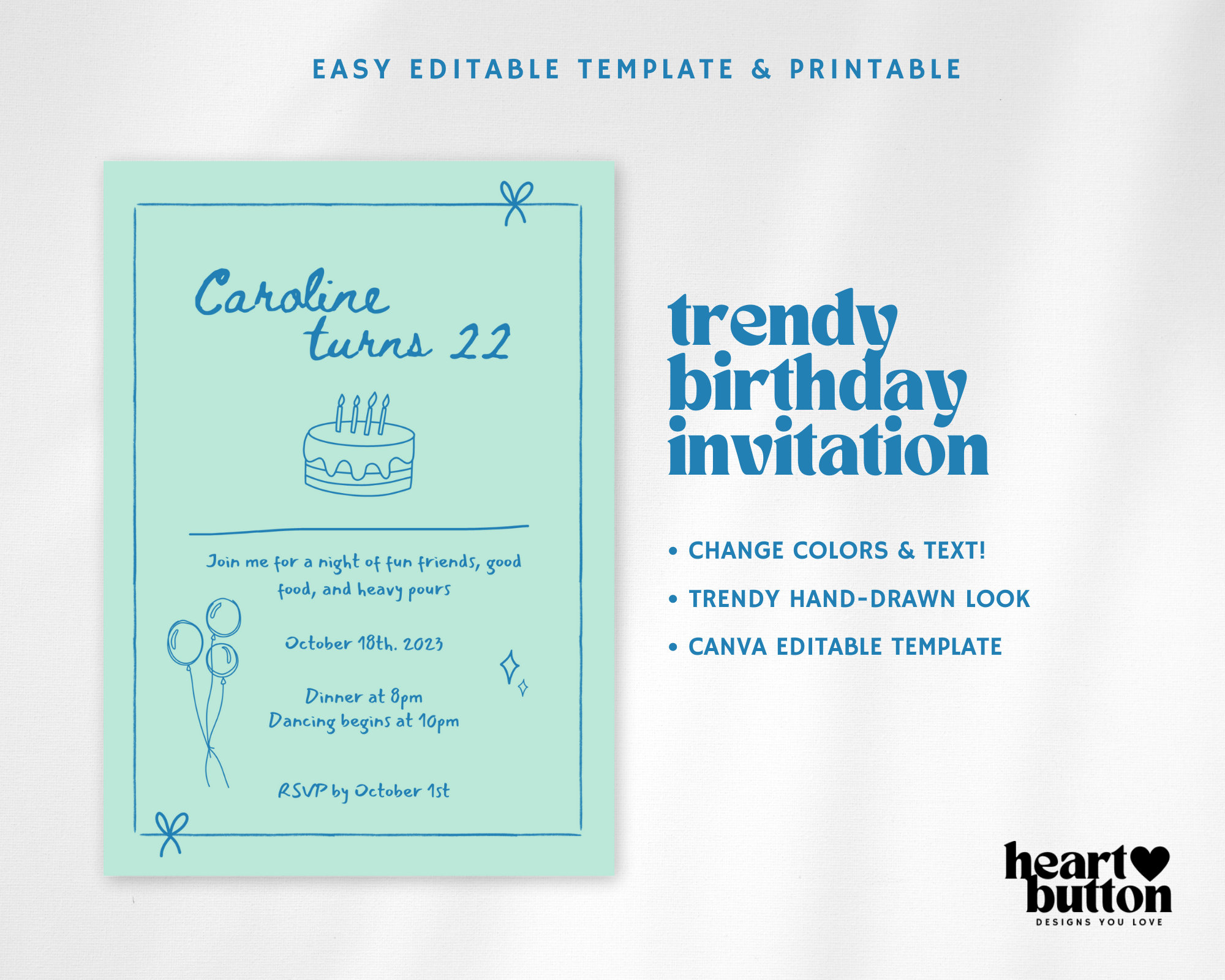 Trendy Birthday Invitation, Front & Back, Editable Template, Digital ...