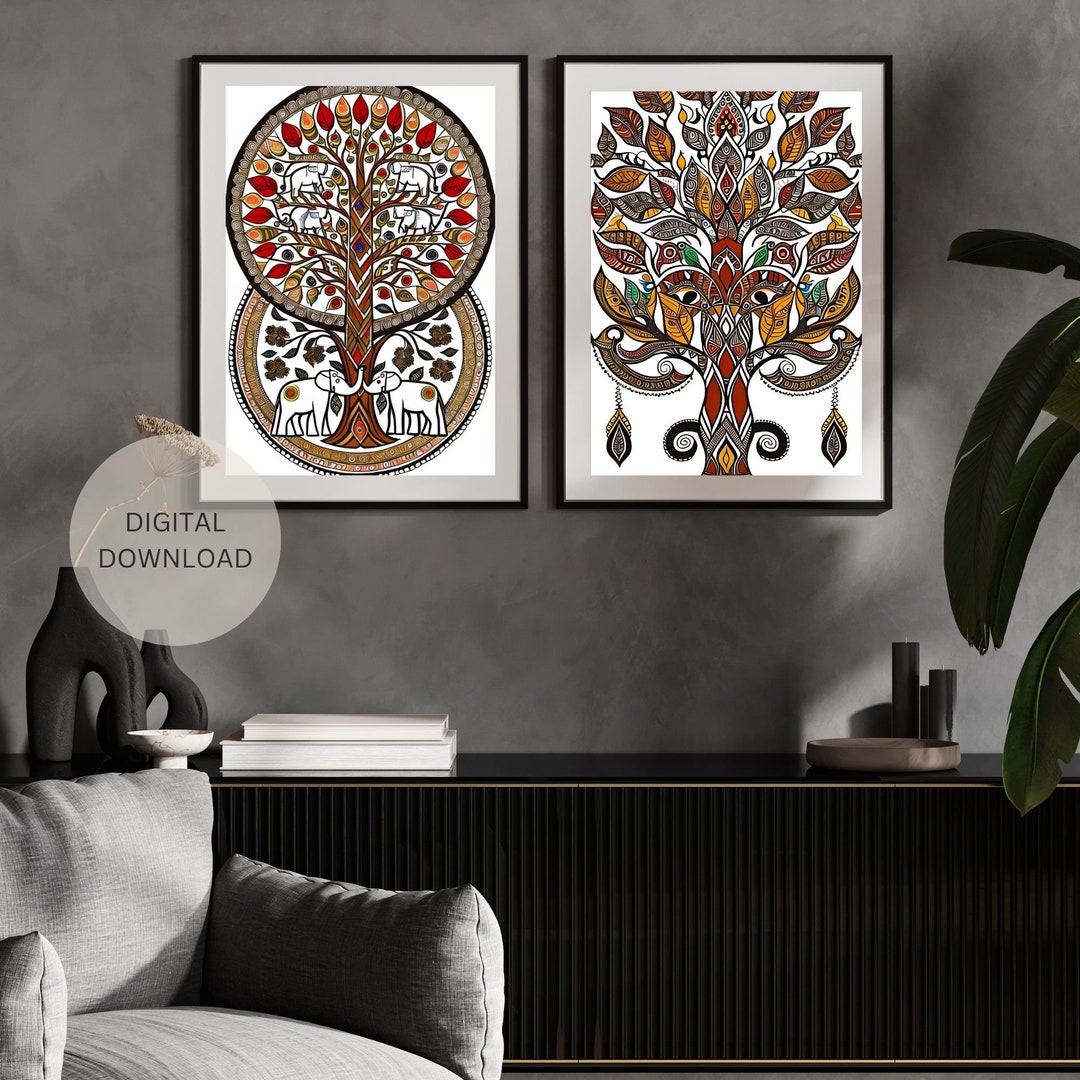 Kalamkari Tree of Life With Elephant Set of 4 ,digital Artwork, Instant ...