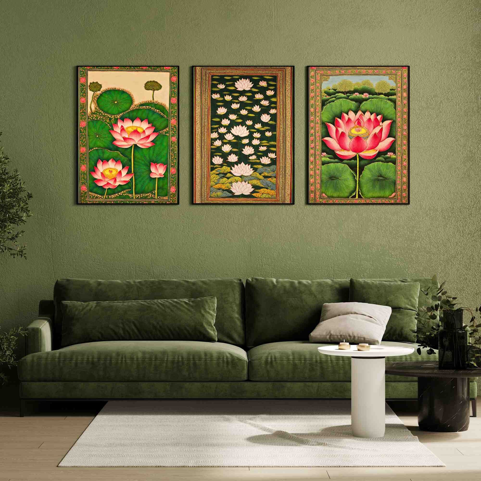 Lotuses Indian Pichwai Art Set of 3 Digital Downloadable Paintings ...