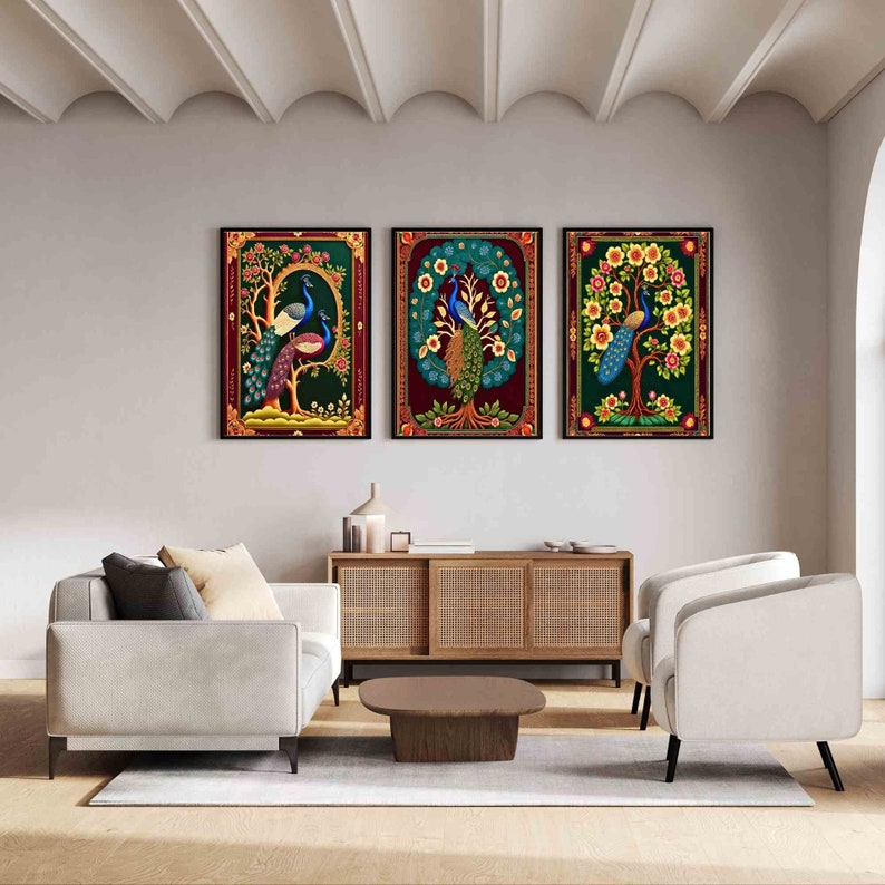Indian Peacock Wall Art Set of 3,india Art Decor,vintage Peacock ...
