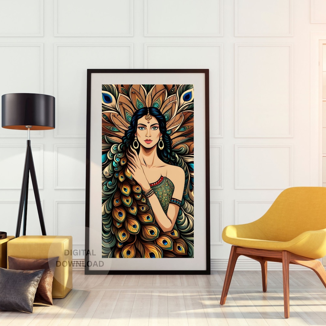 Indian Peacock Lady Wall Art, India Art Decor, Vintage Peacock Painting ...