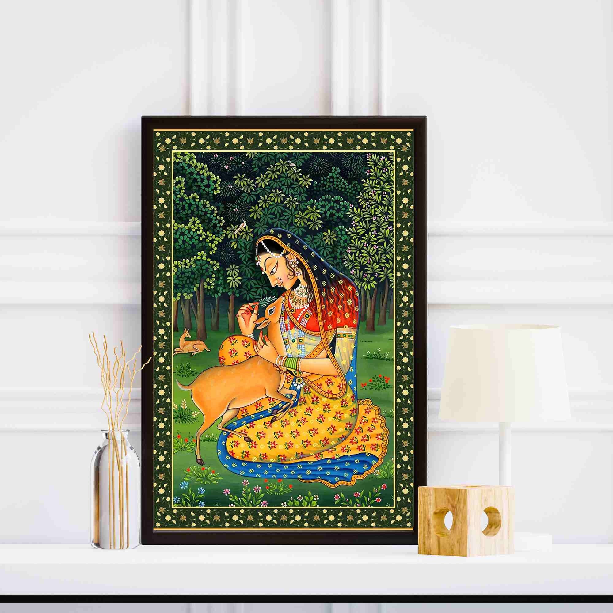 Indian Folk Art, Royal Princess With Deer, Mughal Art, Indian Royal ...