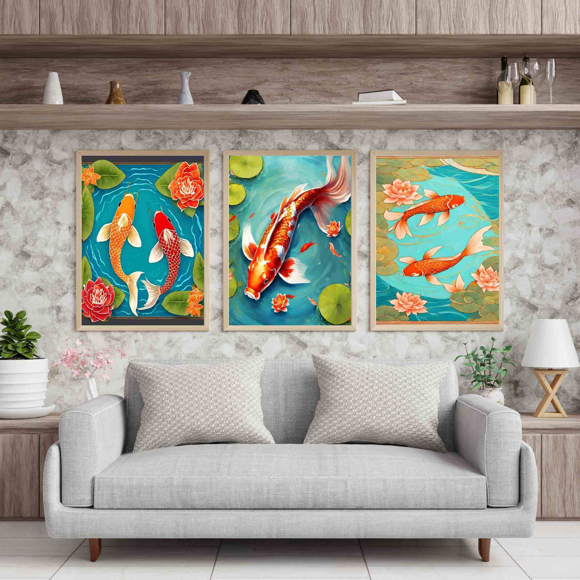 Koi Fish Print Set of 3, Koi Wall Art, Printable Japanese Print, Fish ...