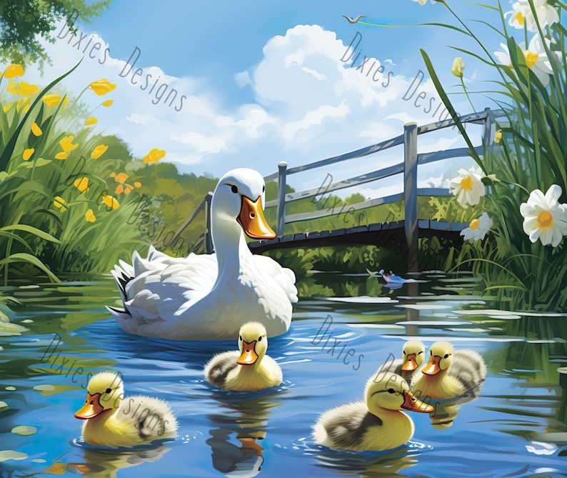 Duck and Her Ducklings in a Pond Png File/ Tumbler Designs/ Wall Art ...