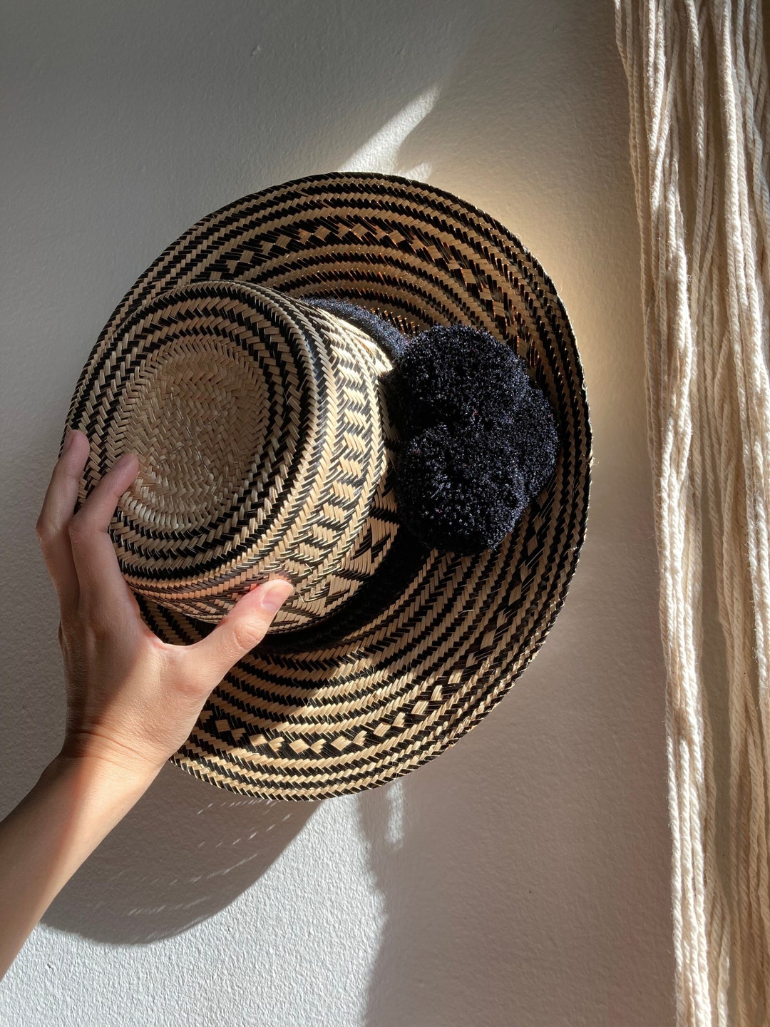 Colombian Short Brim Straw Hat. Handmade Natural and Black Bucket Hat ...