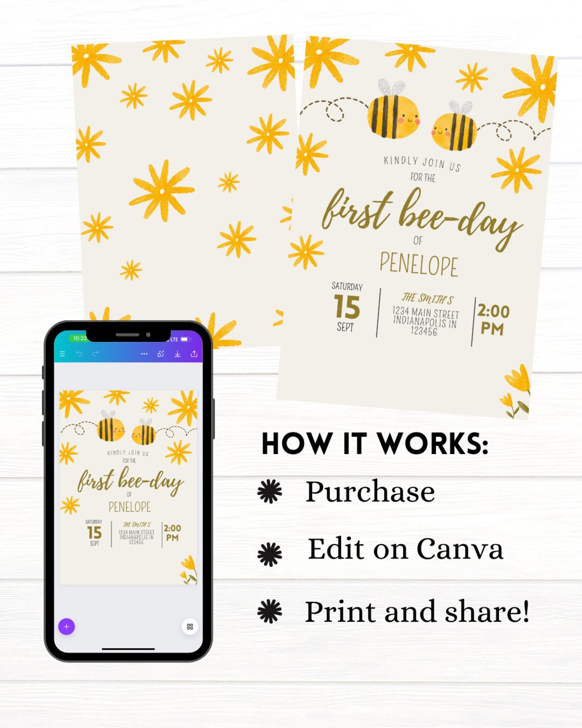 Editable Bumble Bee First Birthday Invitation| Printable Kids Party ...