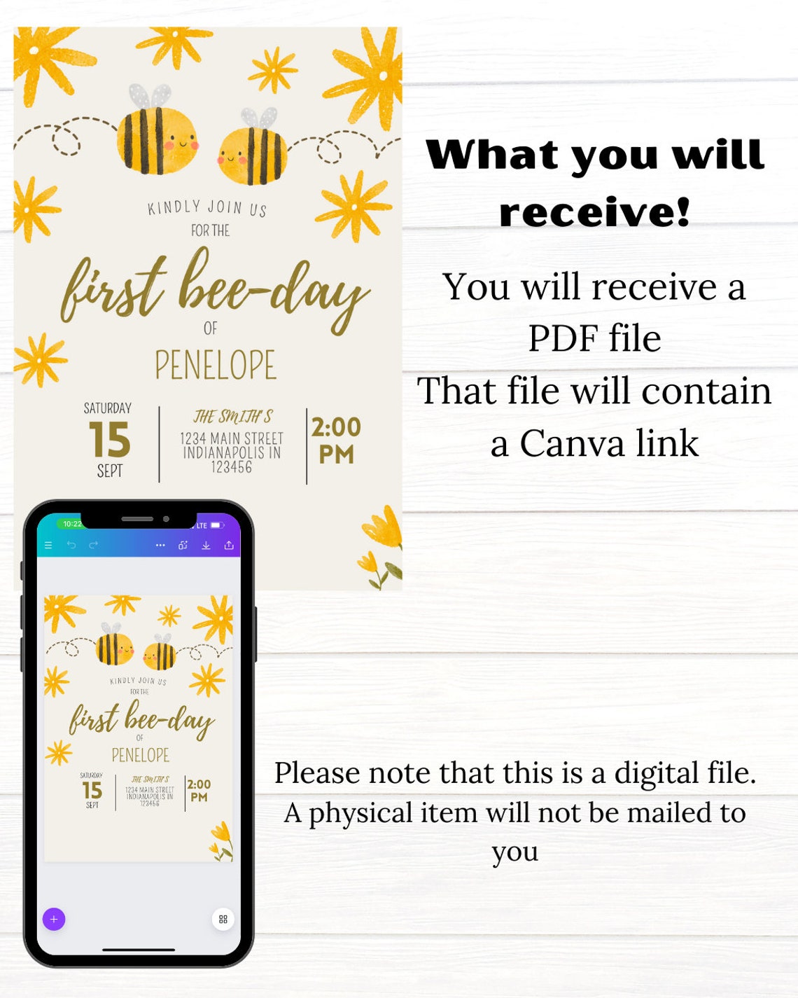 Editable Bumble Bee First Birthday Invitation| Printable Kids Party ...