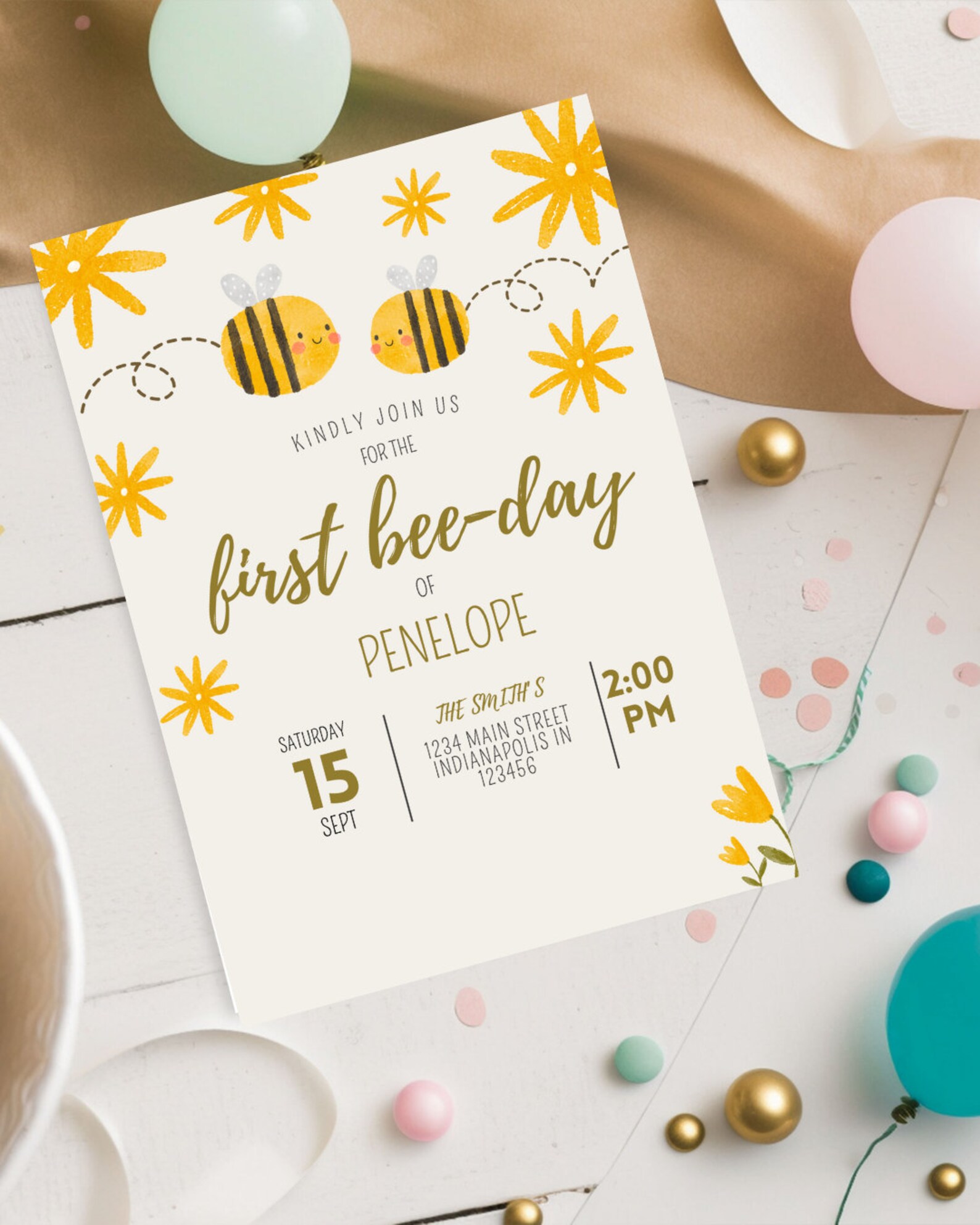 Editable Bumble Bee First Birthday Invitation| Printable Kids Party ...