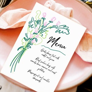 Hand Drawn Floral Menu and Name Card, Menu Template, Wedding Template ...