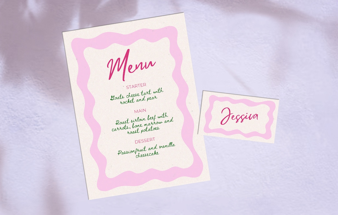 Editable Pink and Green Wavy Border Menu and Name Card, Editable ...