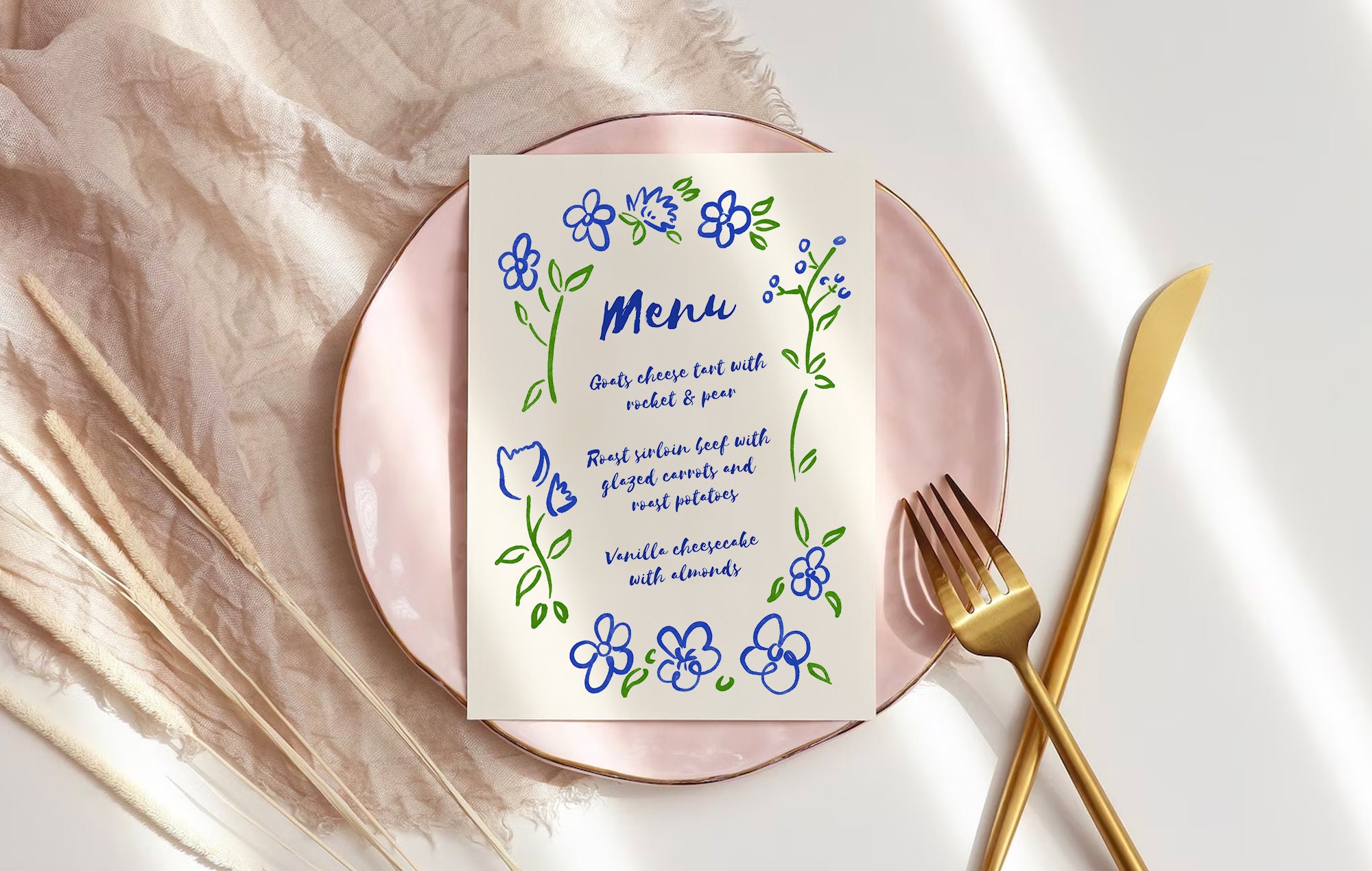 Hand Drawn Floral Menu Template With Name Card Custom Wedding - Etsy