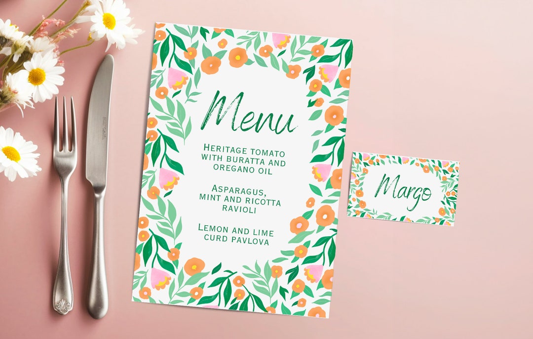 Hand Drawn Floral Menu and Name Card Template, Pastel Watercolor Menu ...