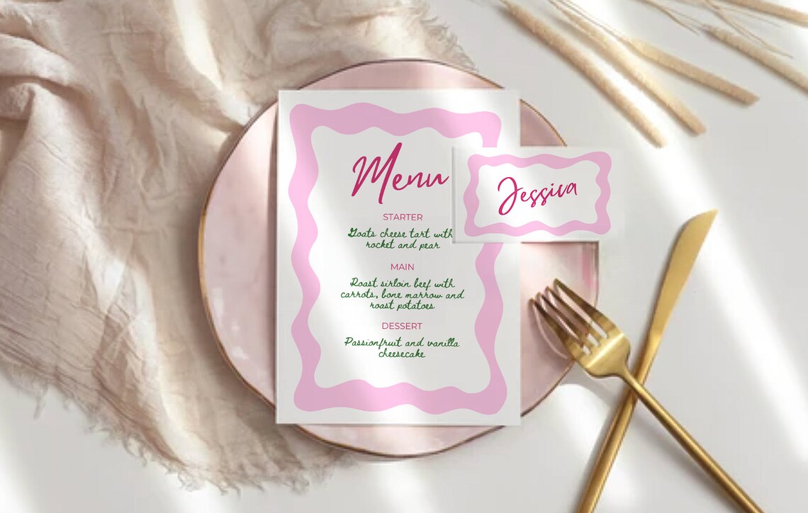 Editable Pink and Green Wavy Border Menu and Name Card, Editable ...