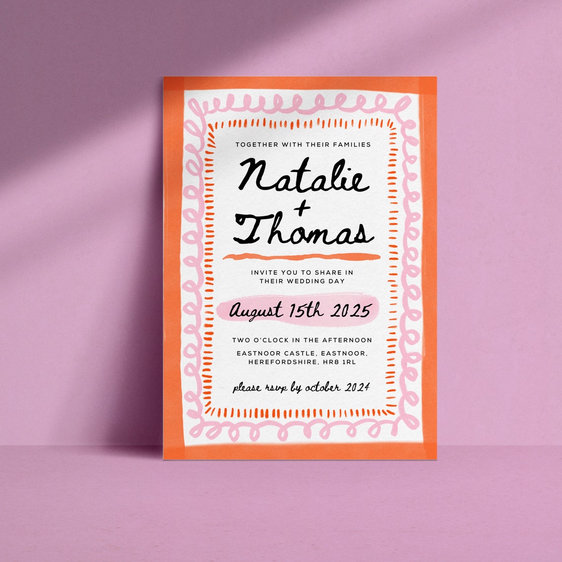 Fun Orange and Pink Wedding Invitation Template | Hand Drawn Squiggle ...