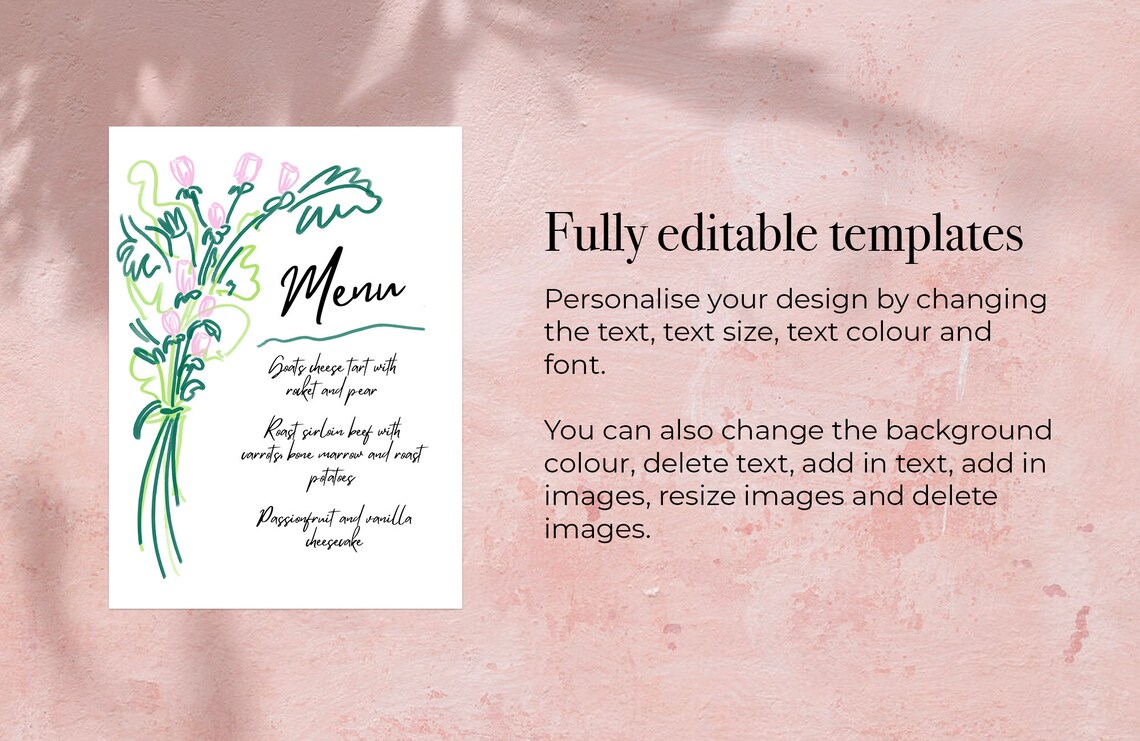 Hand Drawn Floral Menu and Name Card, Menu Template, Wedding Template ...