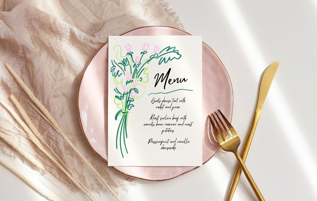 Hand Drawn Floral Menu and Name Card, Menu Template, Wedding Template ...