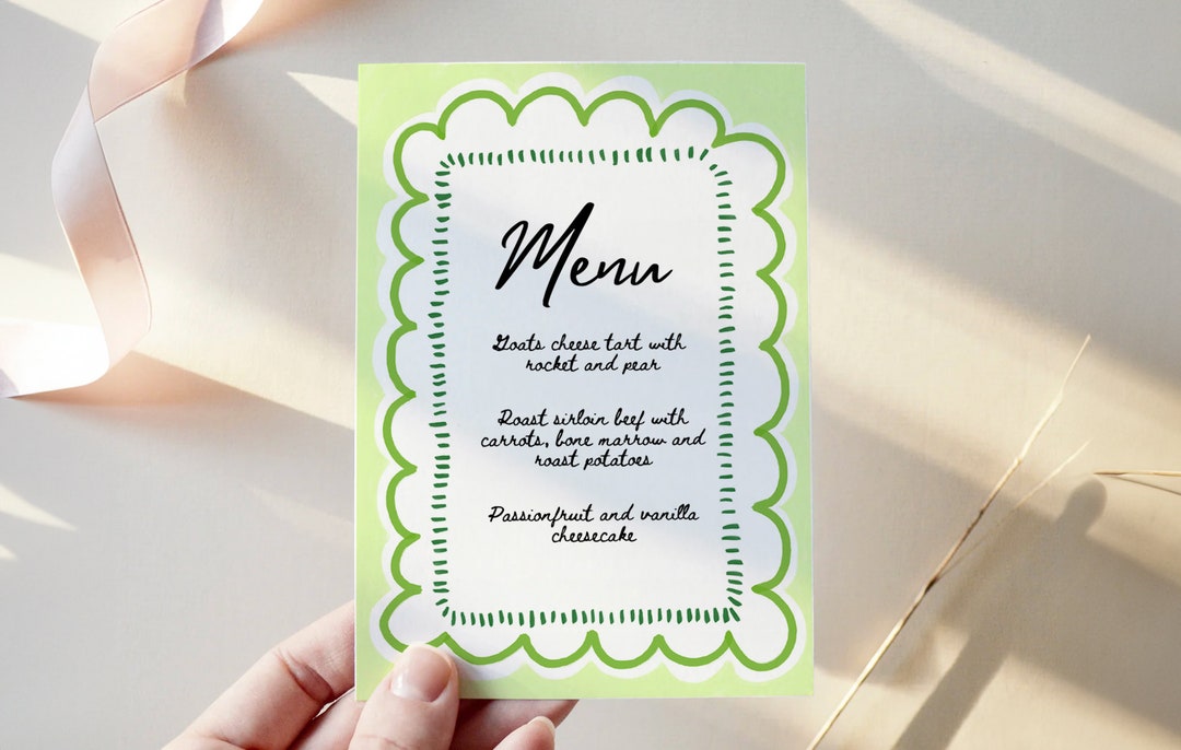 Editable Hand Drawn Menu and Name Card, Wedding Menu, Scallop Edge ...
