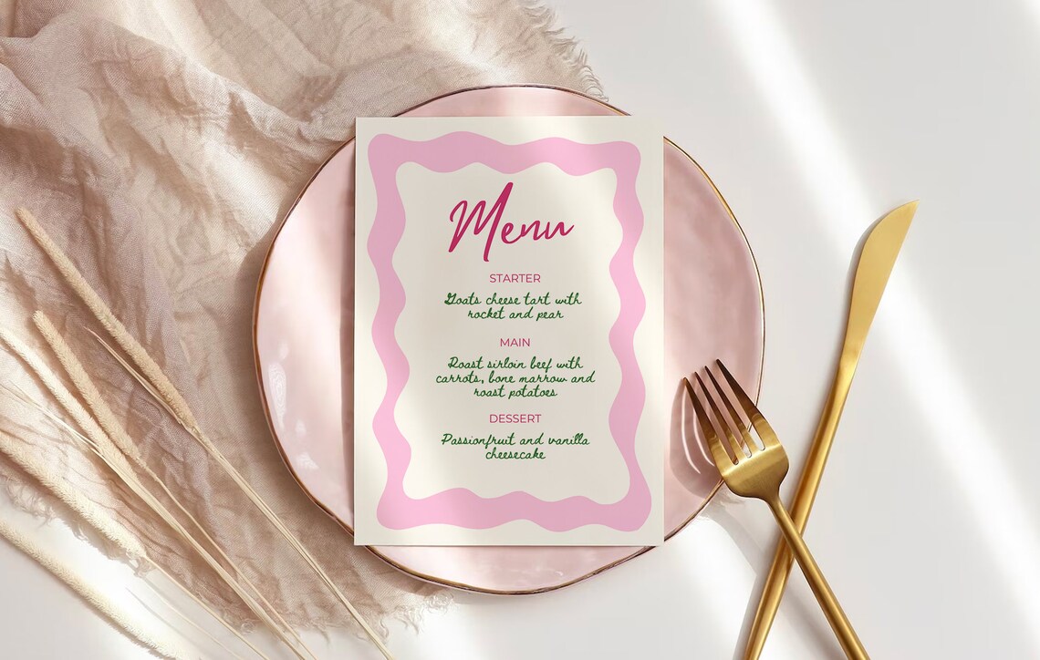 Editable Pink and Green Wavy Border Menu and Name Card, Editable ...