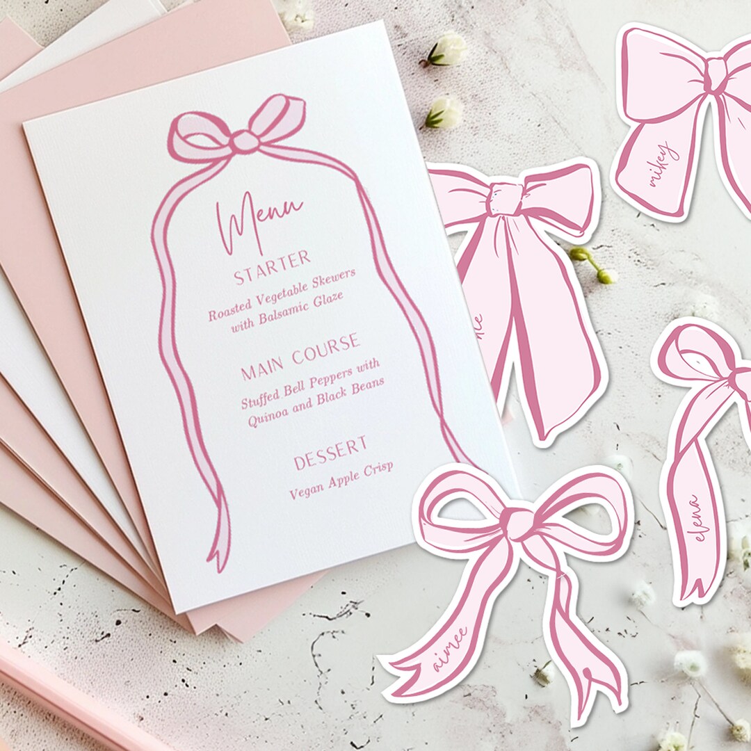 Pink Ribbon Border Menu With Matching Bow Outline Shaped Place Names ...