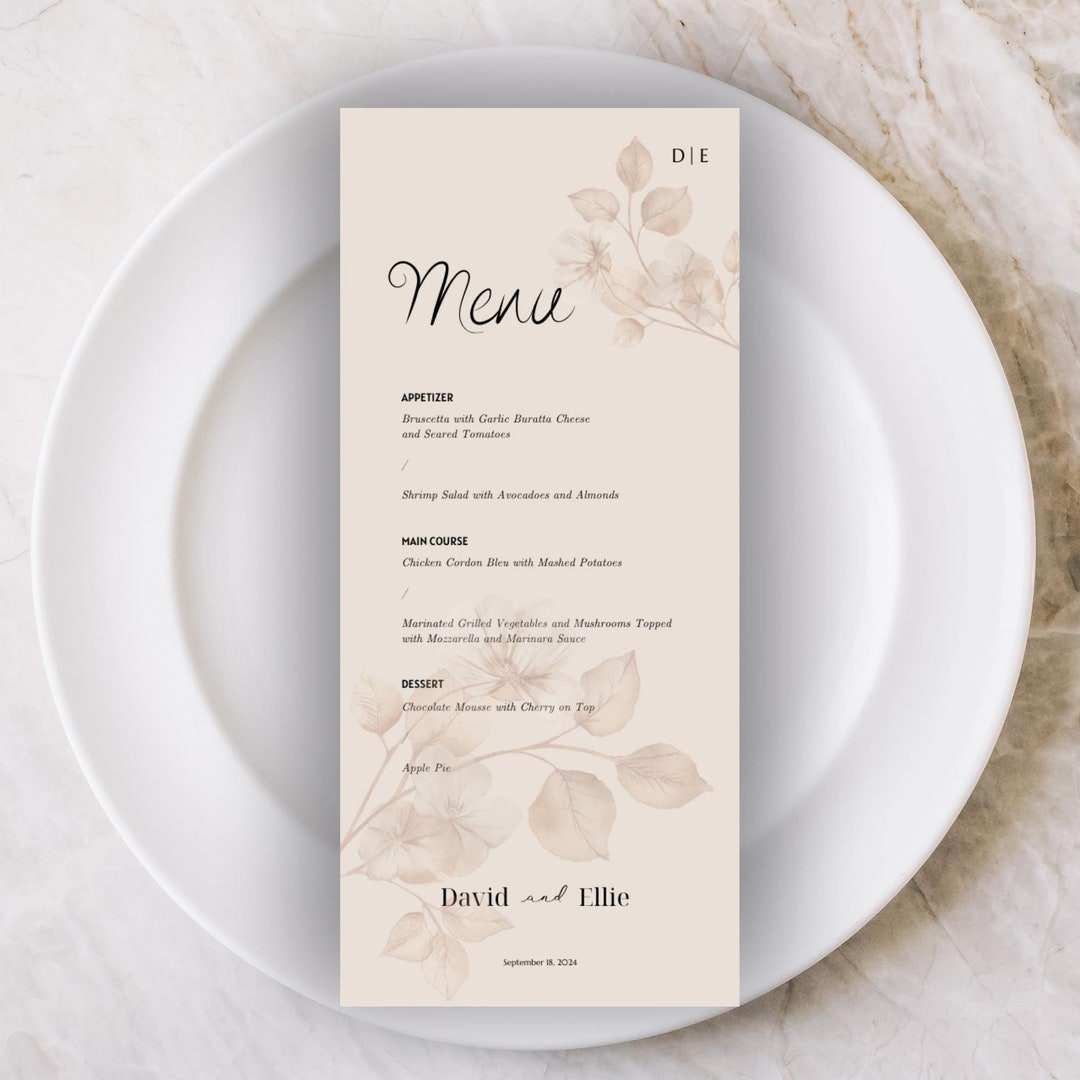 Elegant Wedding Menu Template, Simple Floral Design, Editable Printable ...