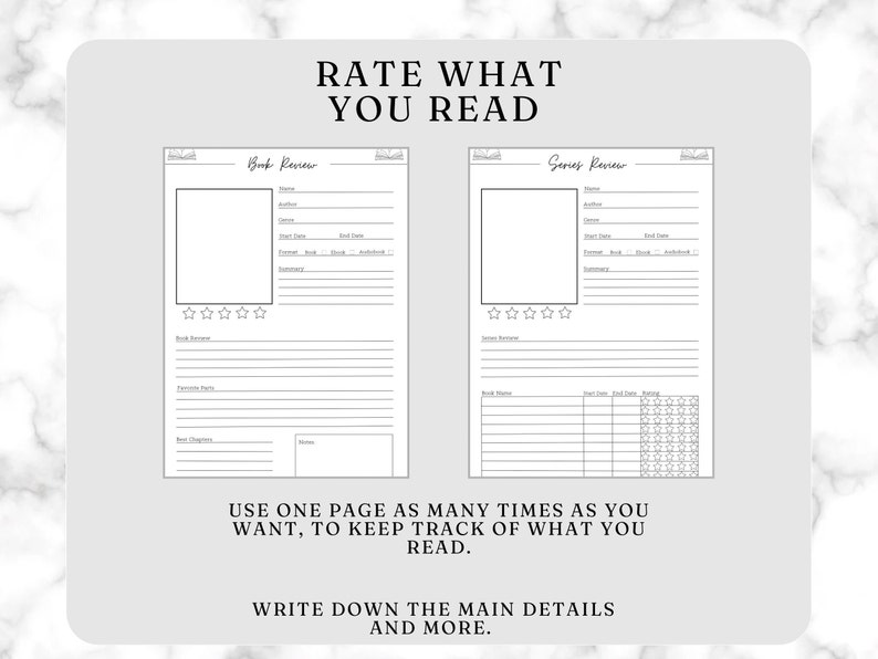 Reading Journal, Portrait Book Review Template, Book Rating Planner ...