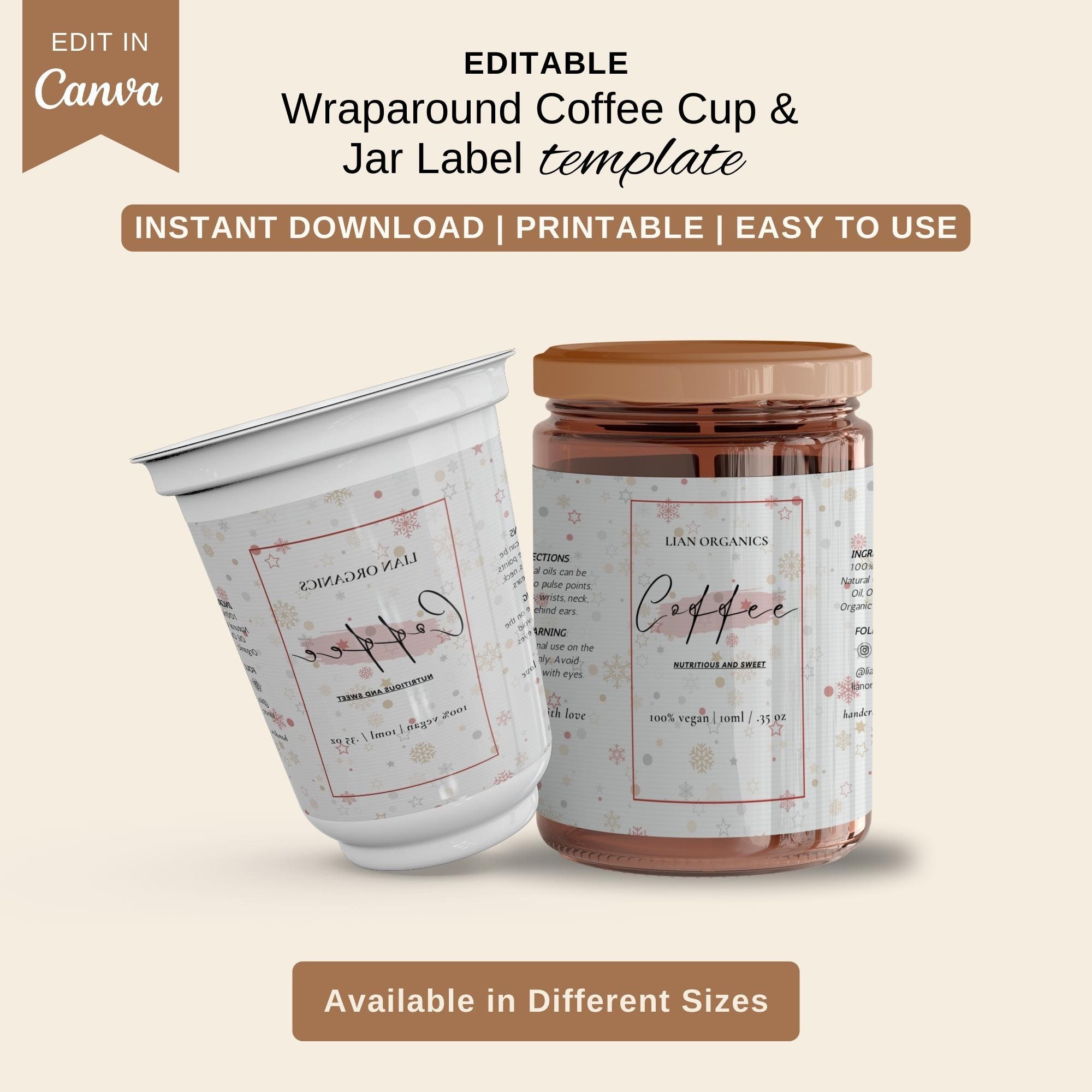 Printable Coffee Cup Label Template, Cream Jar Label Template for Canva ...