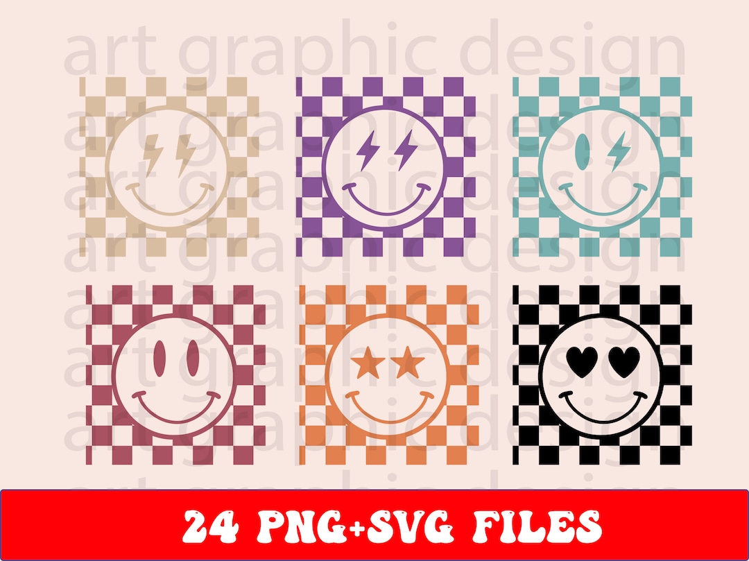 Checkered Happy Face SVG and PNG: Retro Lightning Bolt Design - Etsy