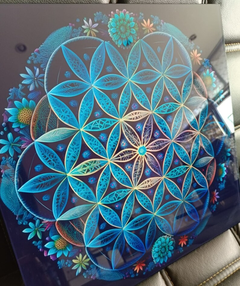 Sri Yantra Lotus Flower of Life Yoga Meditation Modern Large Glass Wall ...