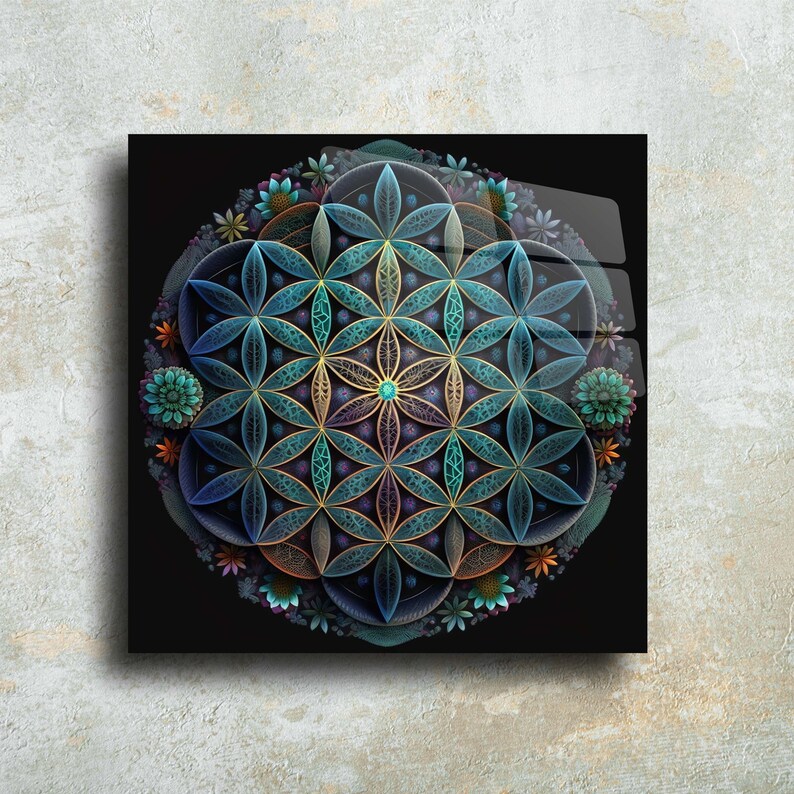 Sri Yantra Lotus Flower of Life Yoga Meditation Modern Large Glass Wall ...