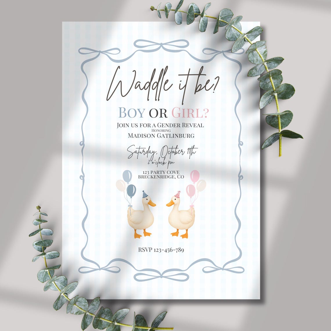 Waddle It Be Gender Reveal Invitation Template | Duck Goose Theme Baby ...